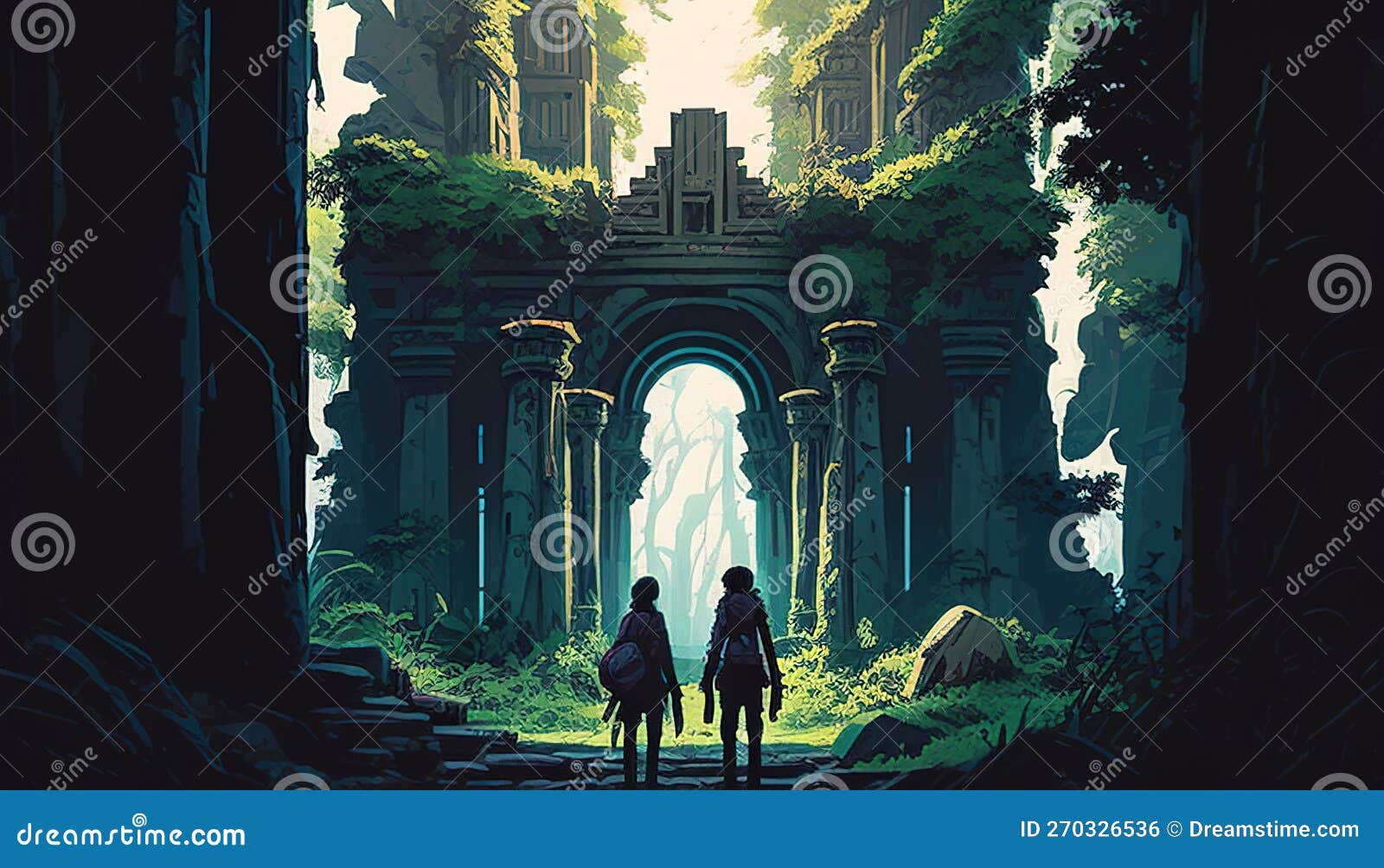 Adventurers Explore Ancient City Ruins in Forest Illustration Stock ...