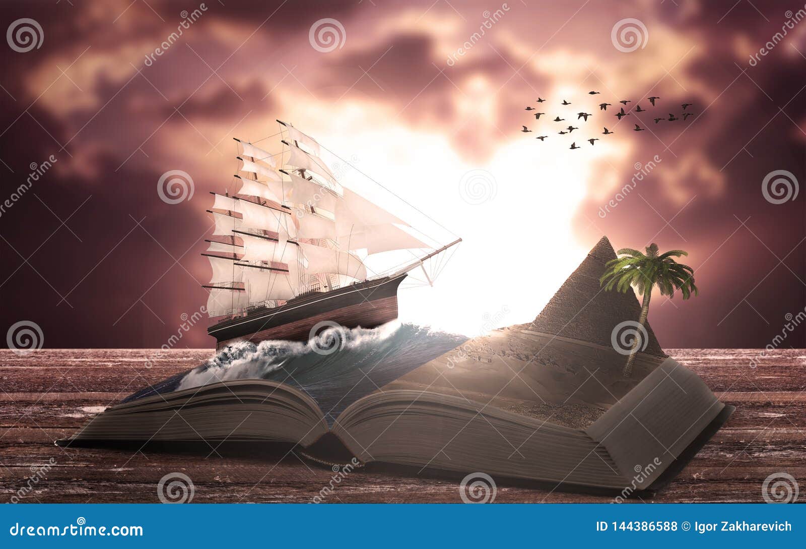 Adventures in an open book stock photo. Image of clouds - 144386588