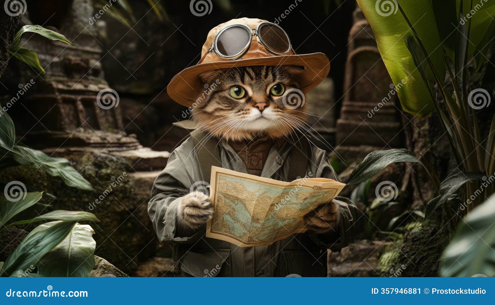 Adventurous Cat Exploring an Ancient Jungle with a Map in Hand during ...