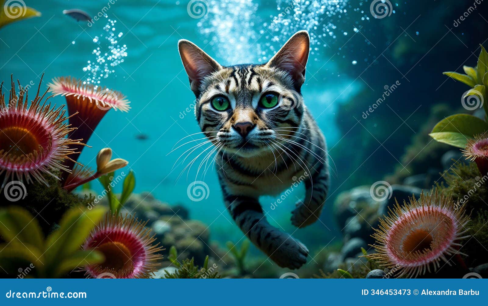 Adventurous Cat Swimming Underwater With Exotic Plants Royalty-Free ...