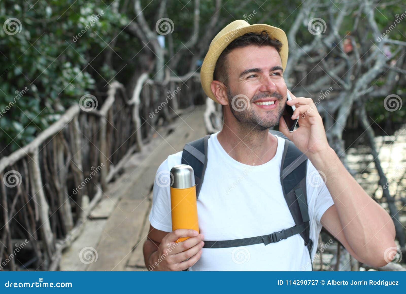 Adventurous Explorer Calling from the Jungle Stock Image - Image of ...