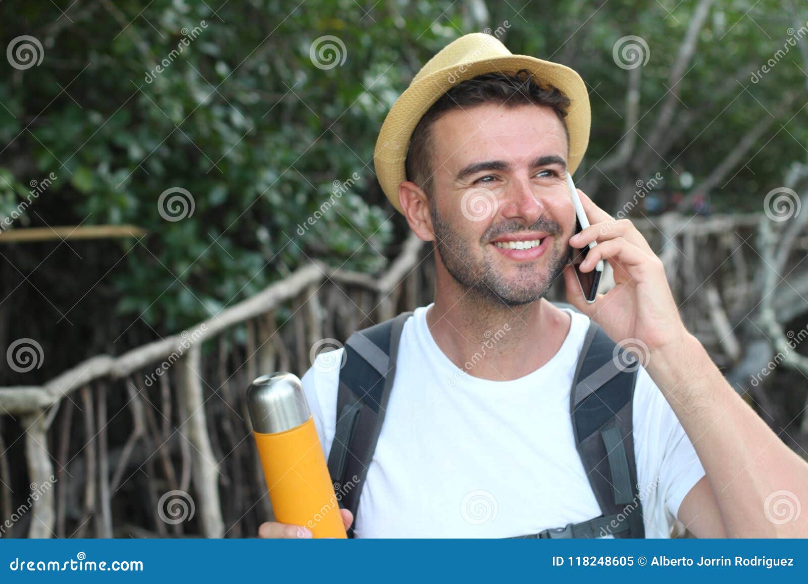 Adventurous Explorer Calling from the Jungle Stock Image - Image of ...