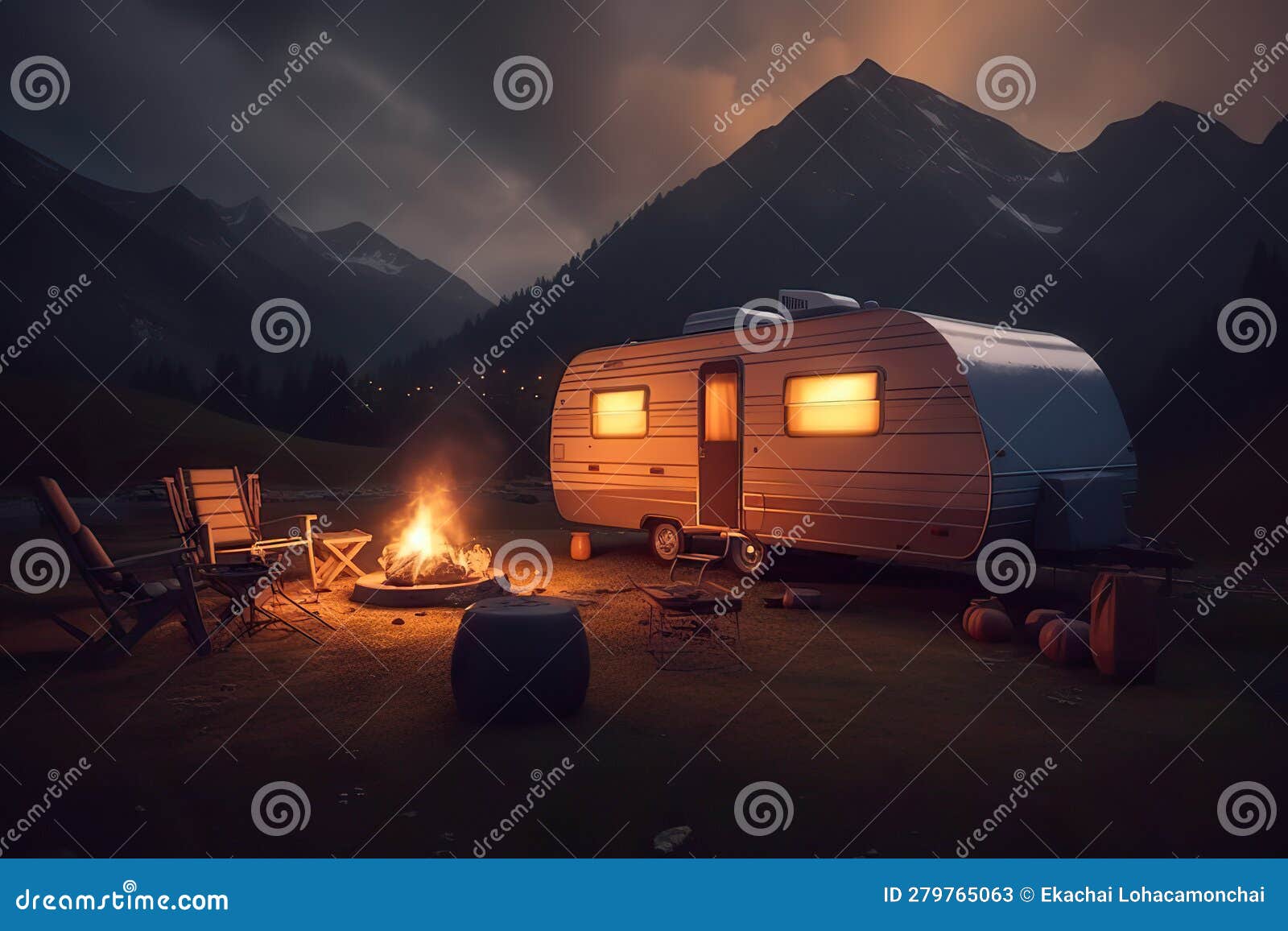 Adventurous High-Tech Caravan in the Majestic Mountains, Campfire ...