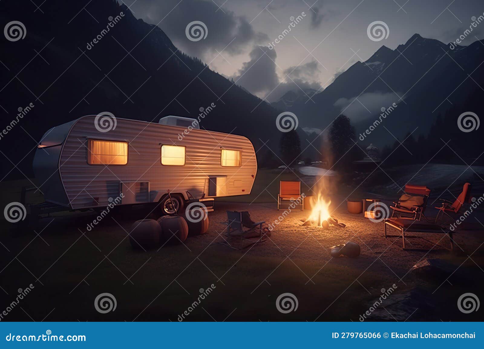 Adventurous High-Tech Caravan in the Majestic Mountains, Campfire ...