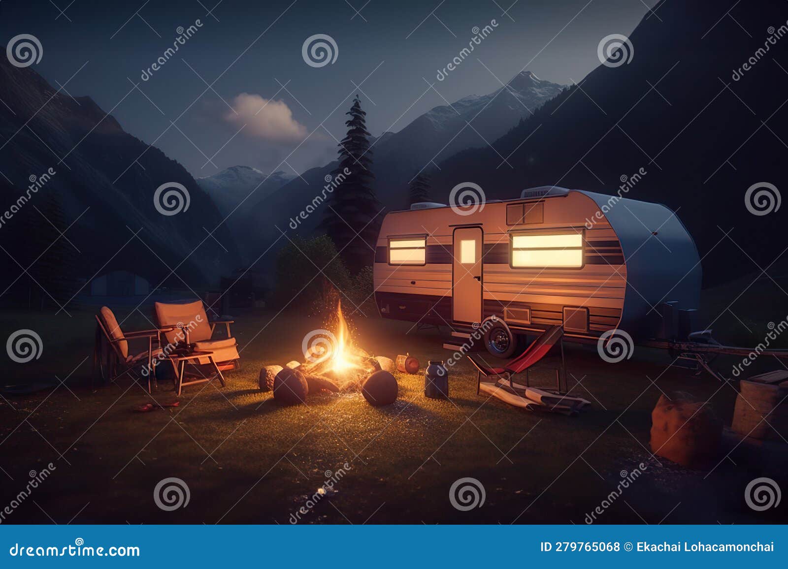Adventurous High-Tech Caravan in the Majestic Mountains, Campfire ...