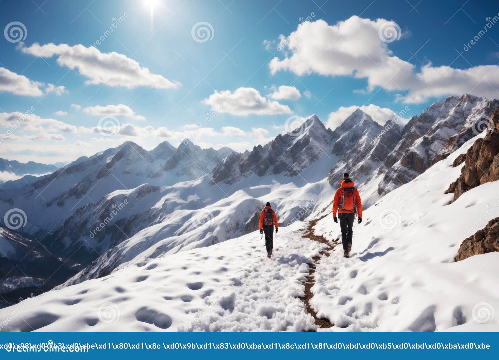 An Adventurous Hiker Ascends a Snow Covered Mountain Trail. Ai ...