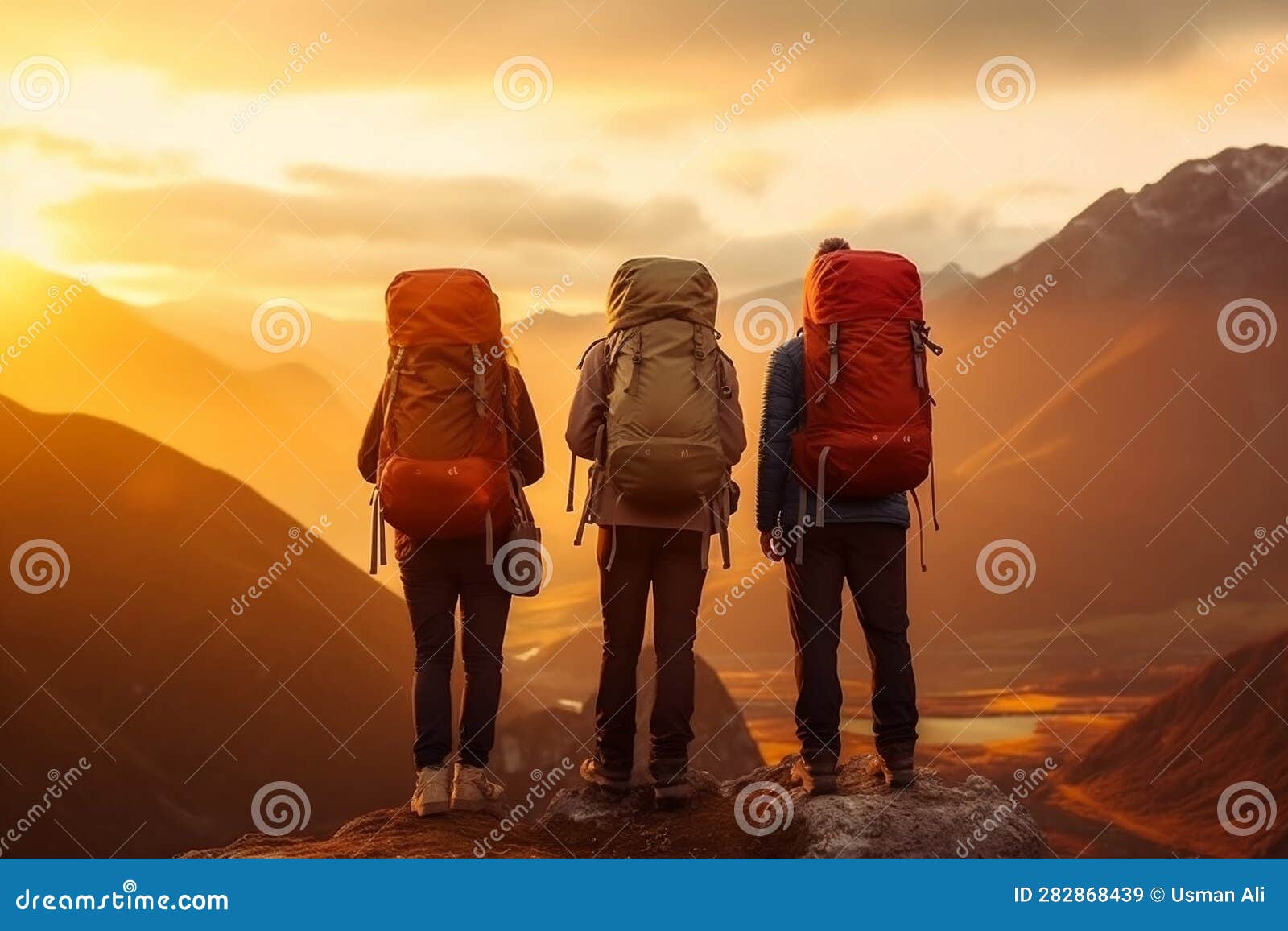 Adventurous Hikers Trekking in Mountain Sunset. AI Stock Illustration ...