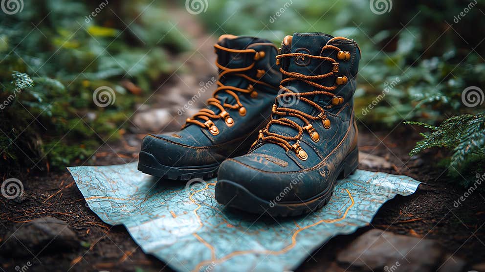 Adventurous Hiking Boots on a Map, Ready for Exploration in a Lush ...