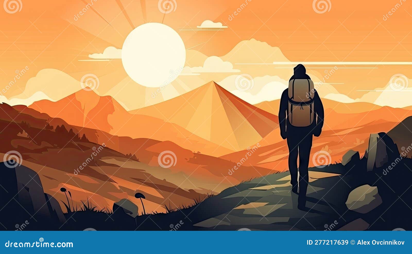 Adventurous Man with Backpack on Abstract Mountain Background. Stock ...