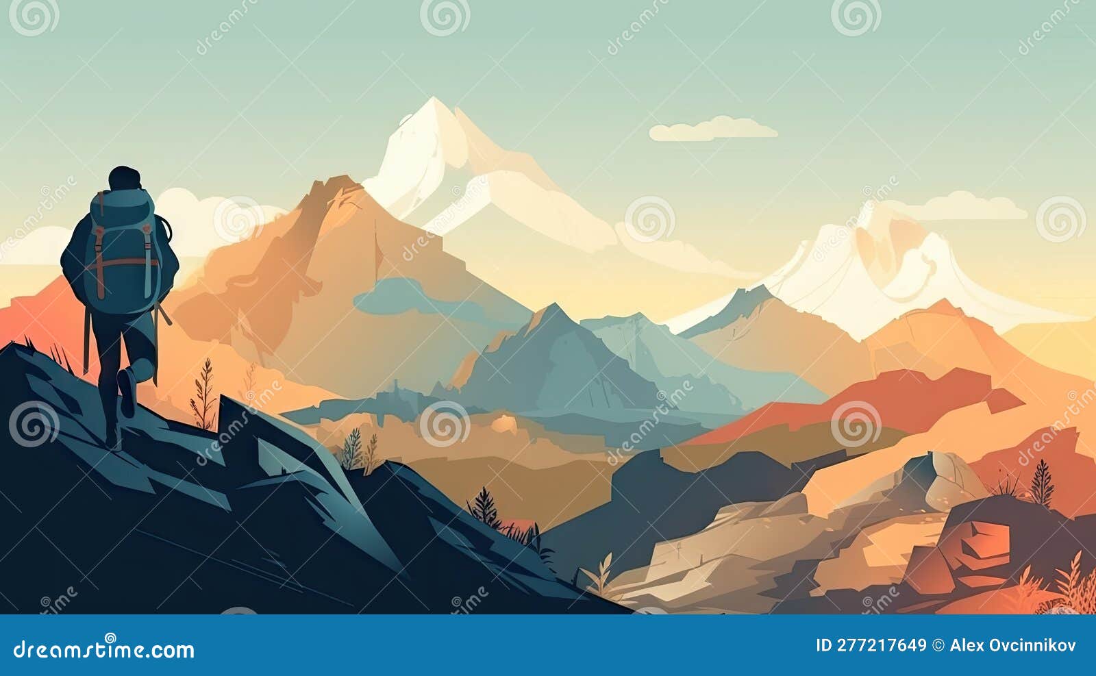 Adventurous Man with Backpack on Abstract Mountain Background. Stock ...