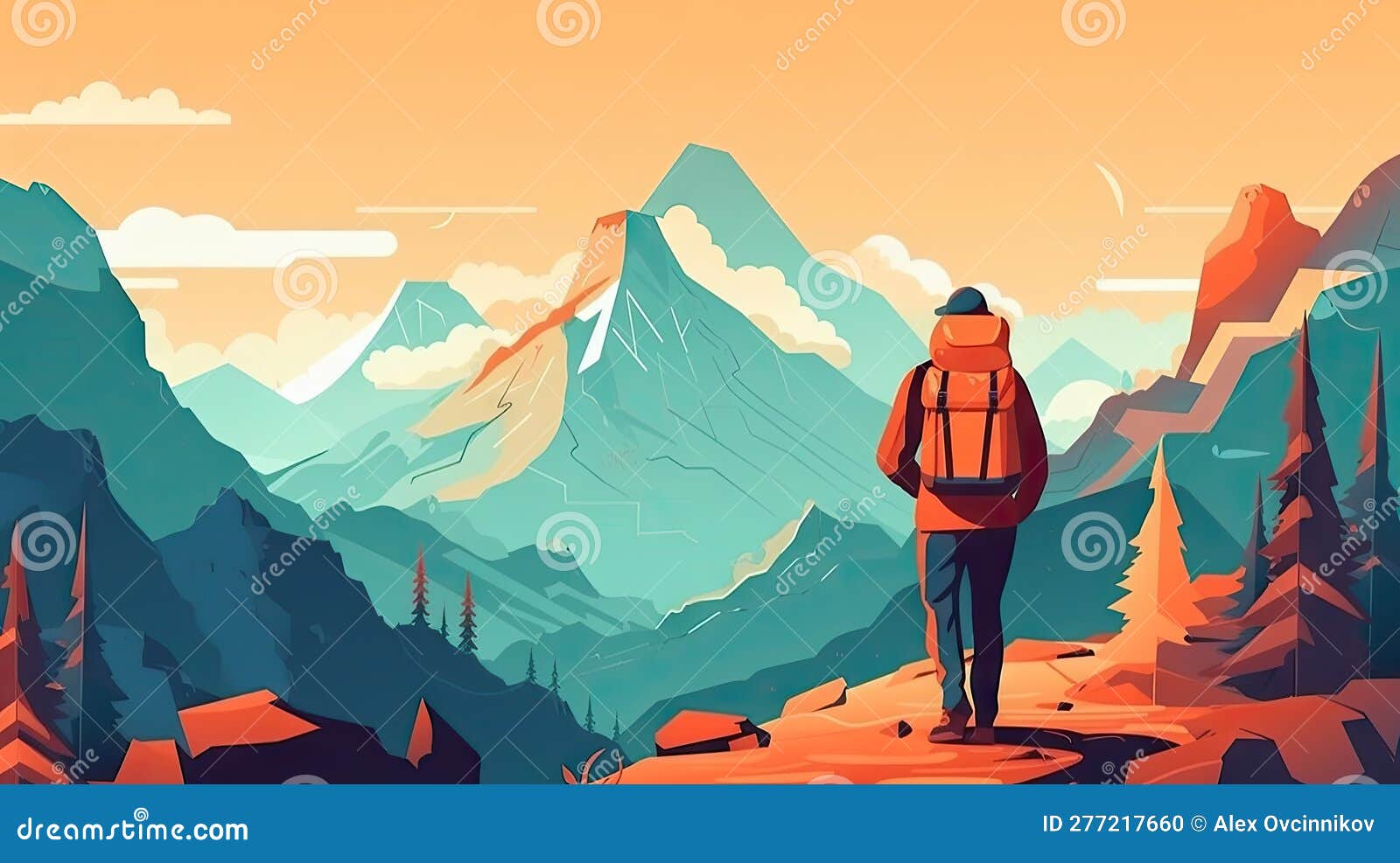 Adventurous Man with Backpack on Abstract Mountain Background. Stock ...