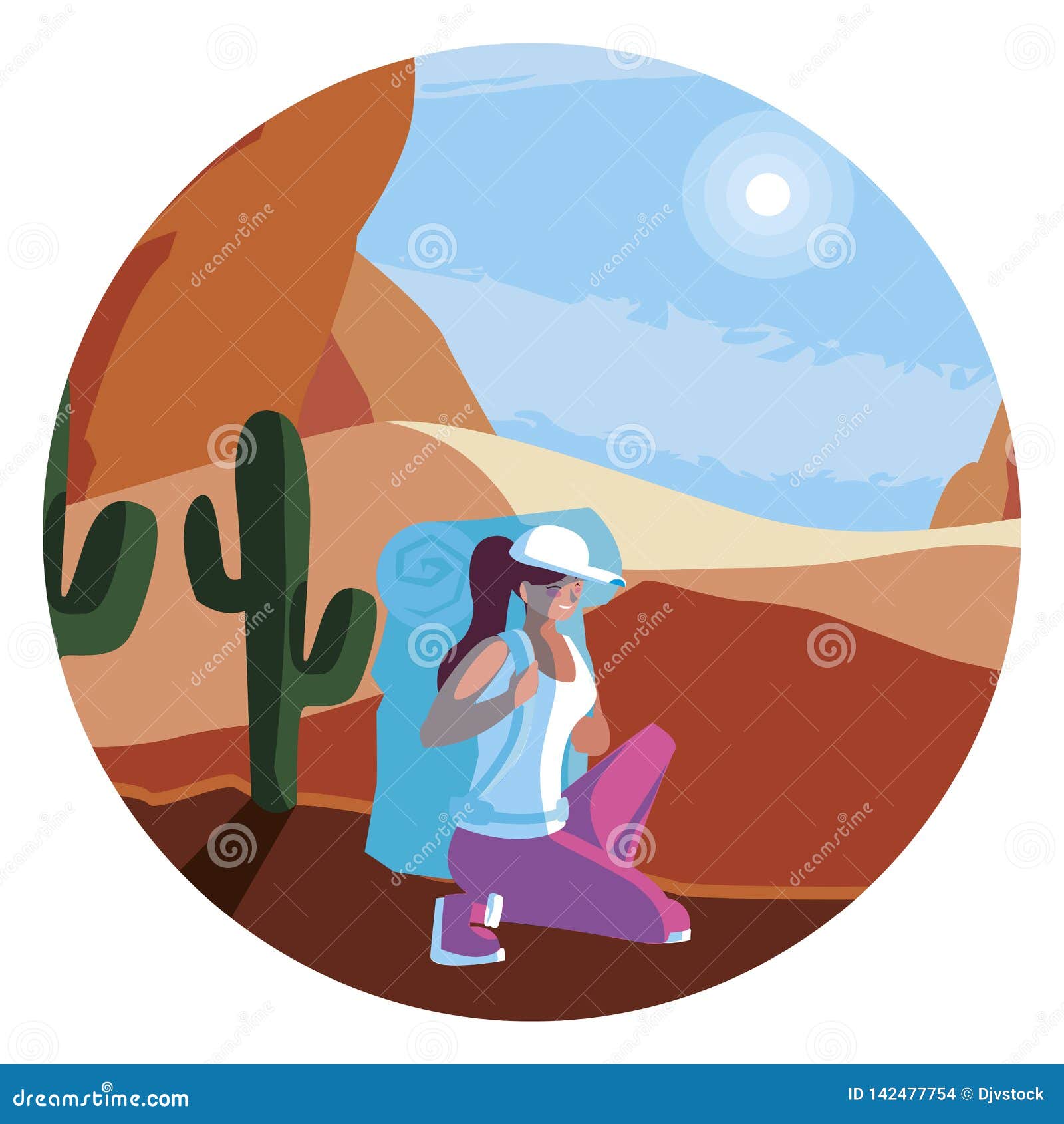Adventurous Woman With Travelbag In The Desert Stock Vector