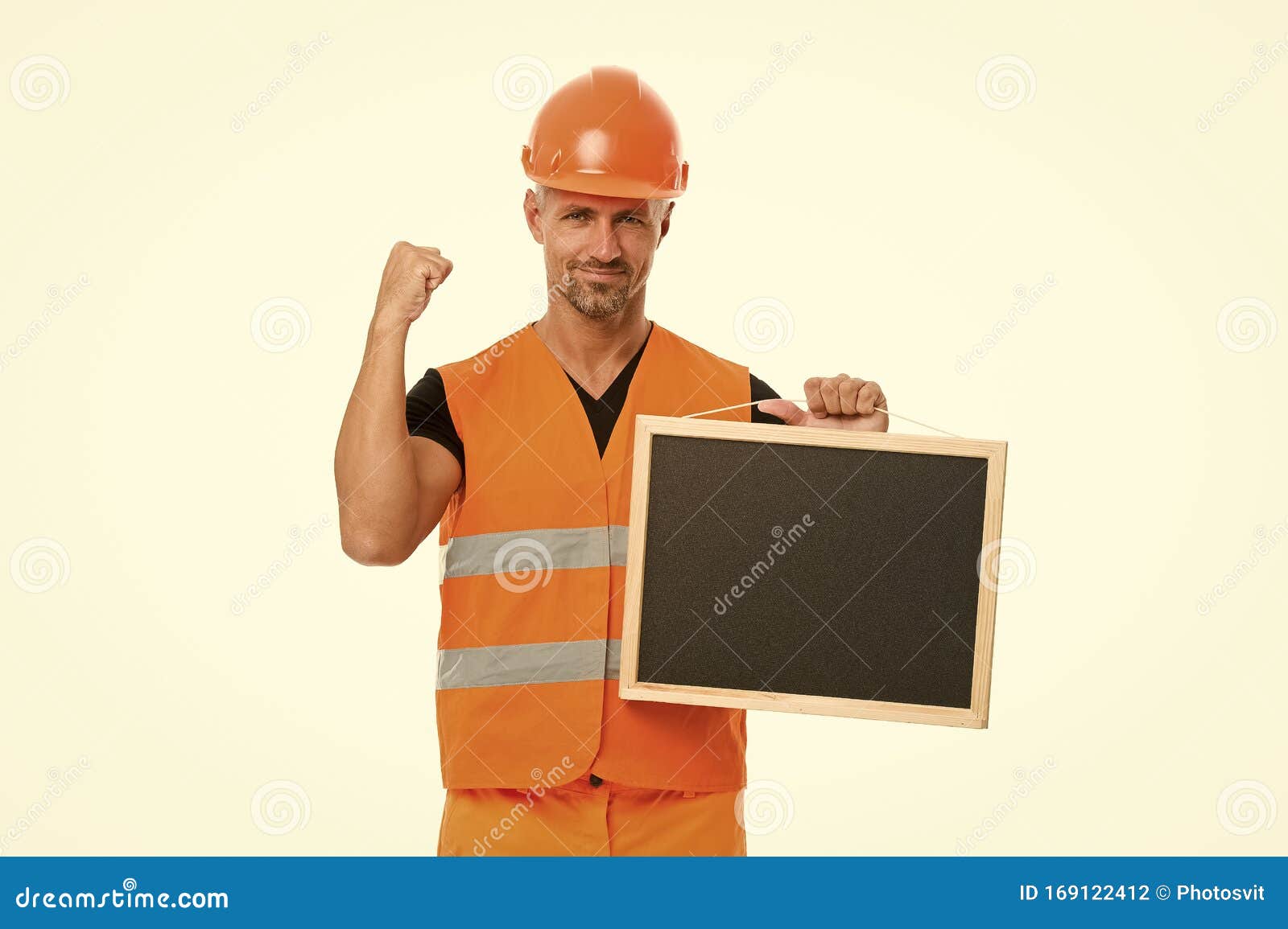 Advertisement Concept. Builder Enjoy Success. Strong Handsome Builder ...