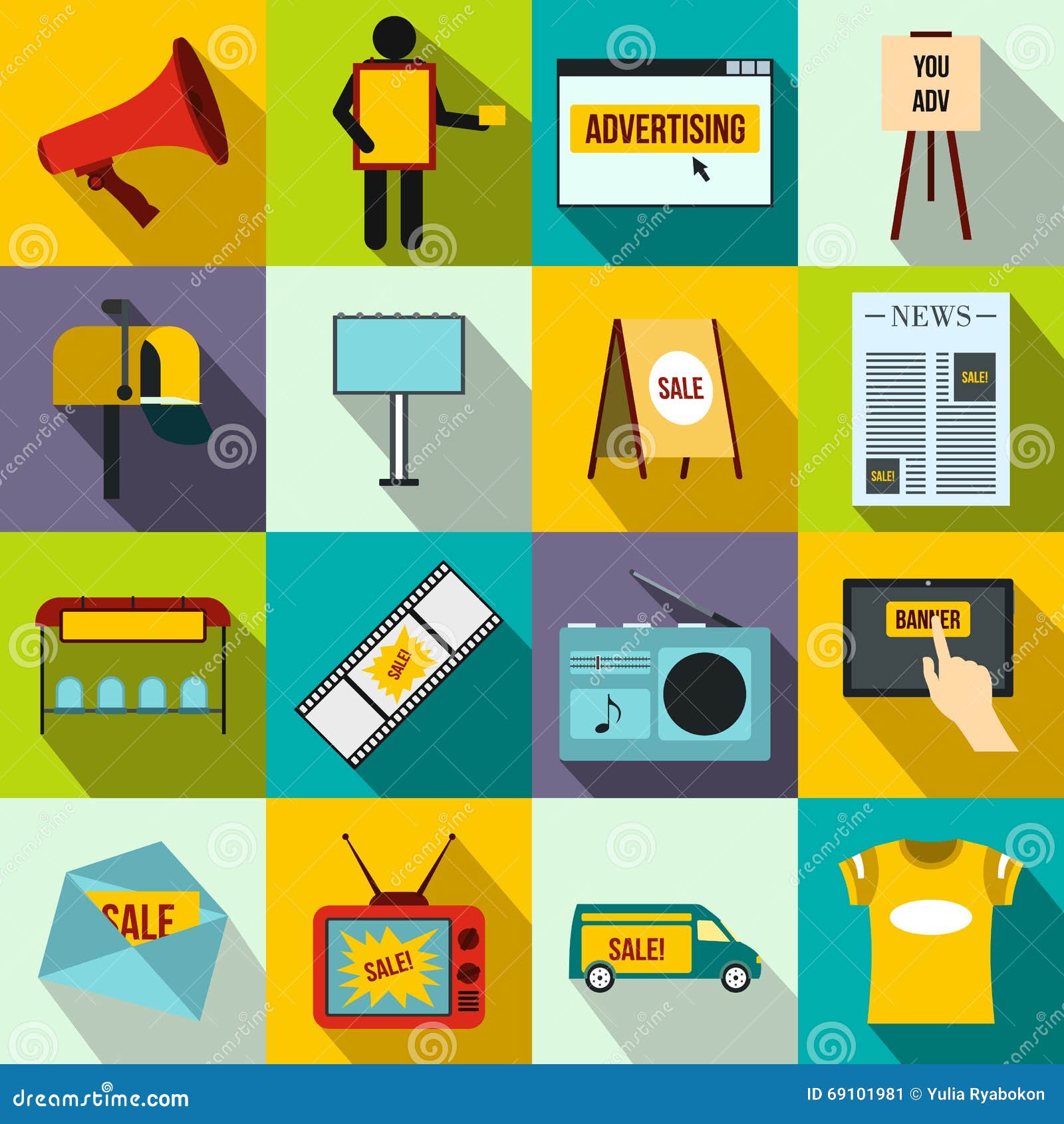 Advertisement Icons Set, Flat Style Stock Vector - Illustration of ...