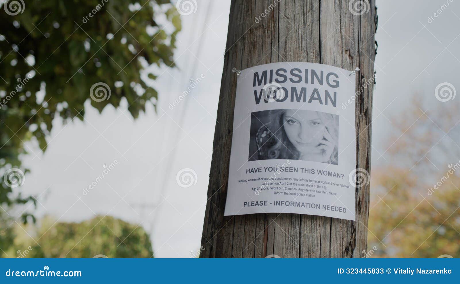 An Advertisement for the Missing Woman Hangs on a Wooden Pole. Search ...