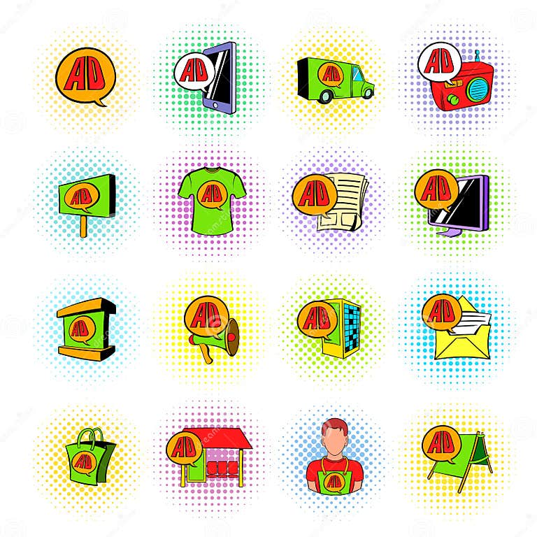 Advertisement Set Icons, Comics Style Stock Vector - Illustration of ...