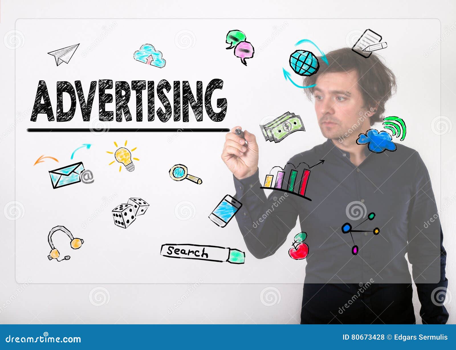 Advertising Concept. Businessman Writing with Black Marker on Vi Stock ...