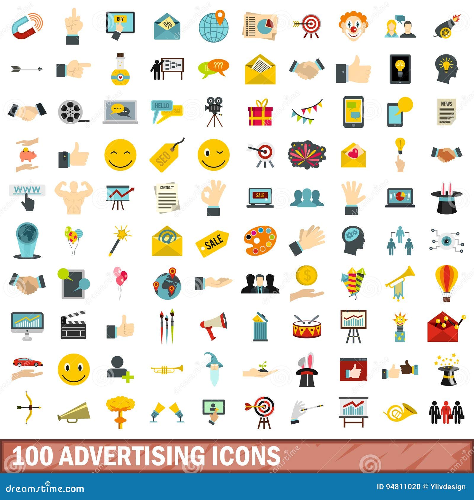 100 Advertising Icons Set, Flat Style Stock Vector - Illustration of ...