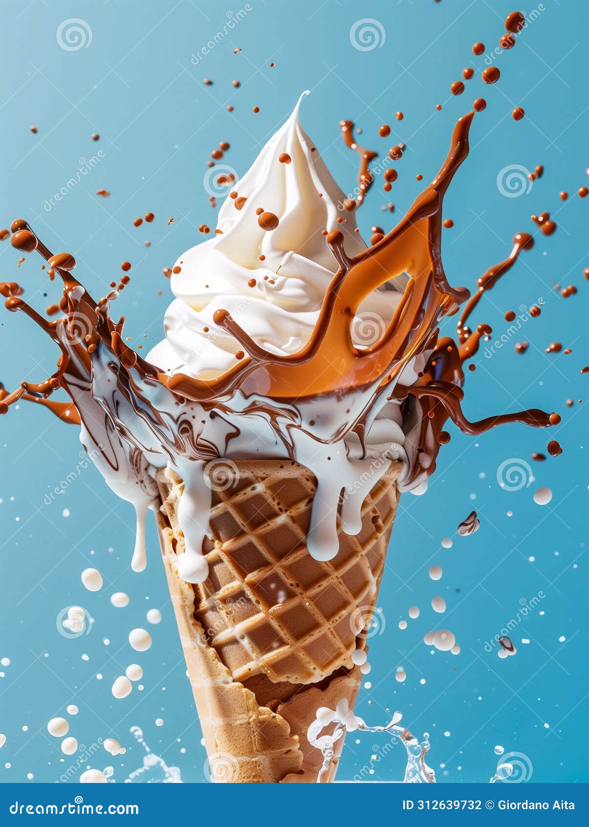 Ice Cream Cone. Explosion of Vanilla Cream and Chocolate Stock ...