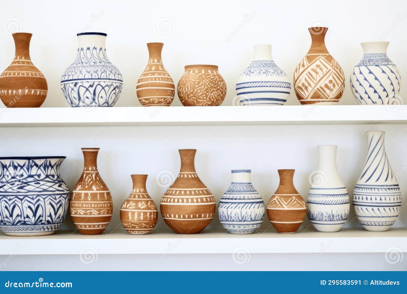 Aegean Greek Pottery on a White Shelf Stock Illustration - Illustration ...