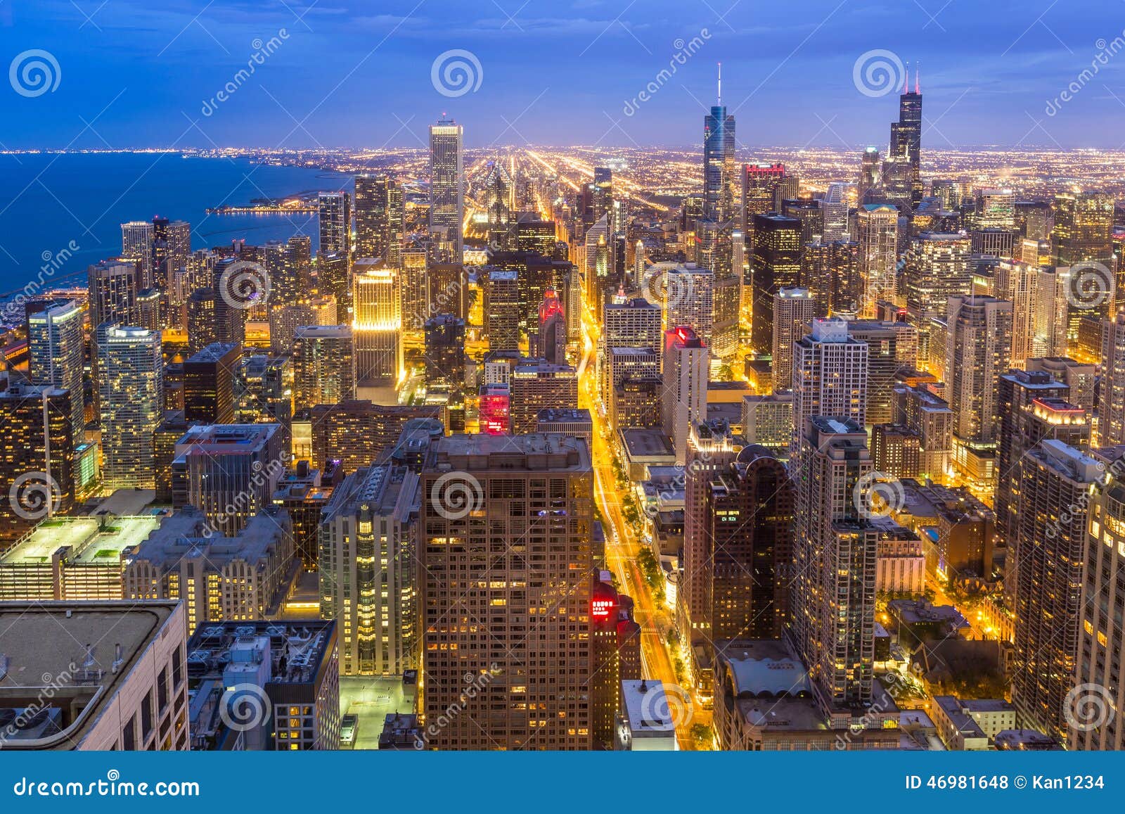 Aerial Chicago Downtown Skyline at Night. Stock Photo - Image of view ...