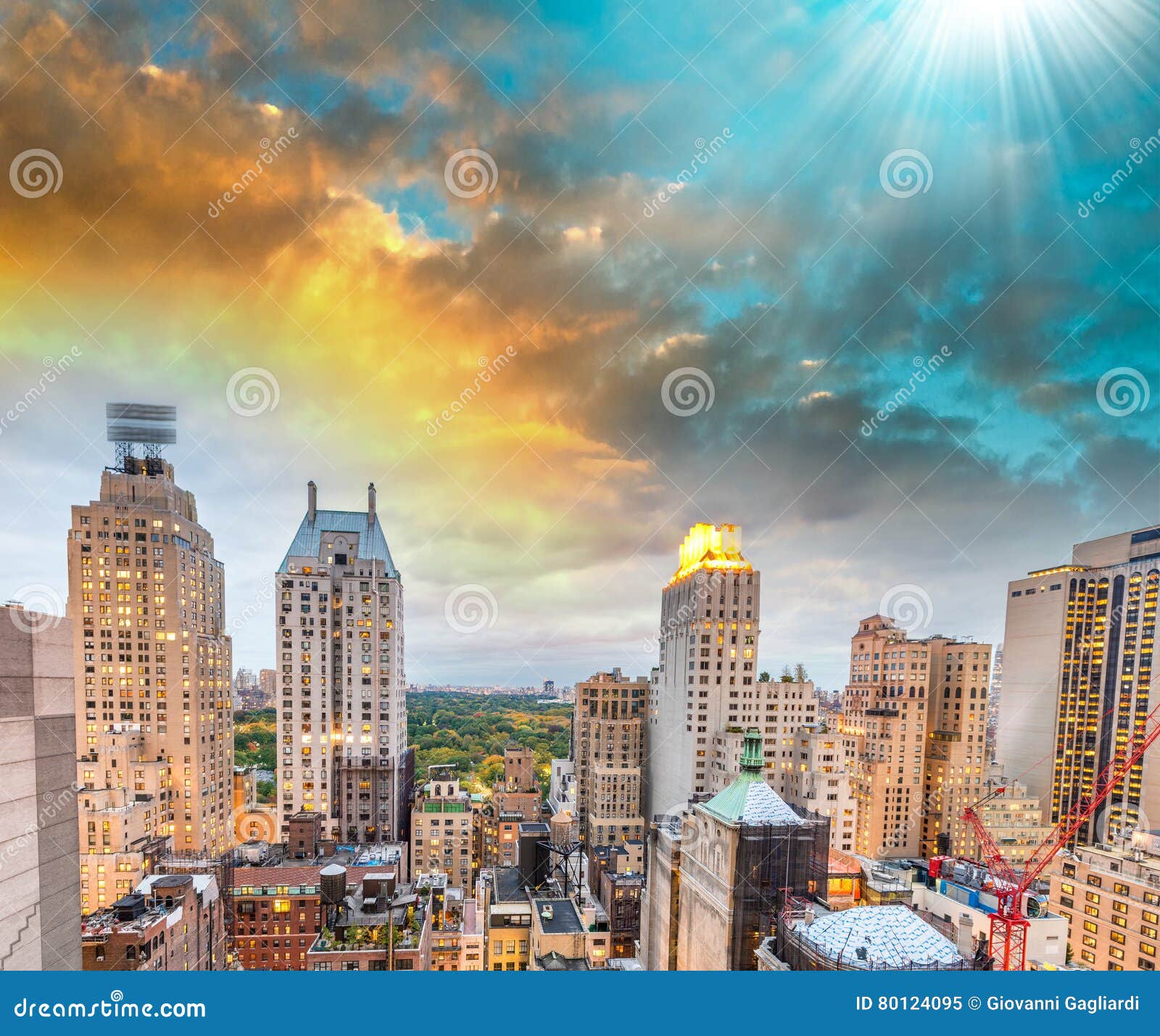 Aerial City Skyline with Sunset Light, NYC Stock Image - Image of scene ...