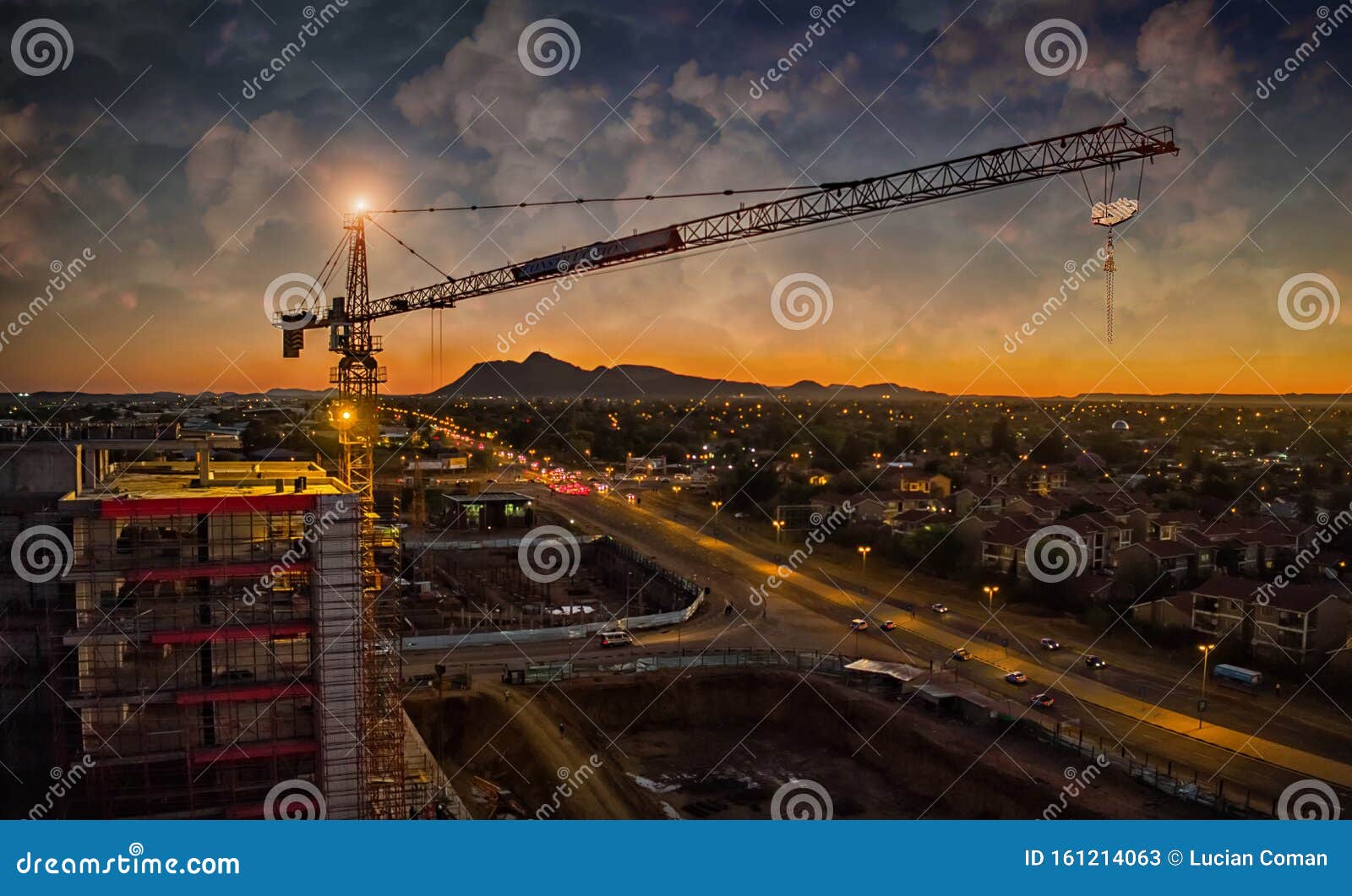Aerial of crane sunset stock image. Image of night, downtown - 161214063