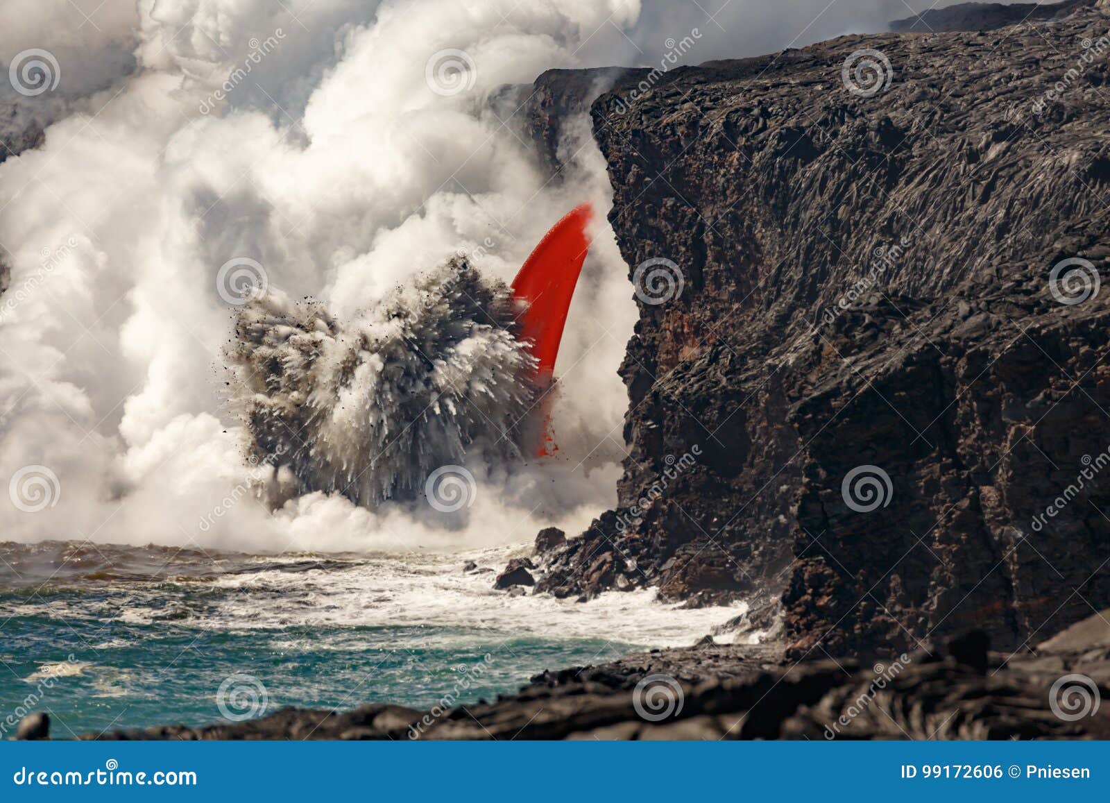Aerial Daytime View of Top Portion of Waterfall Shaped Flow of Red Lava ...