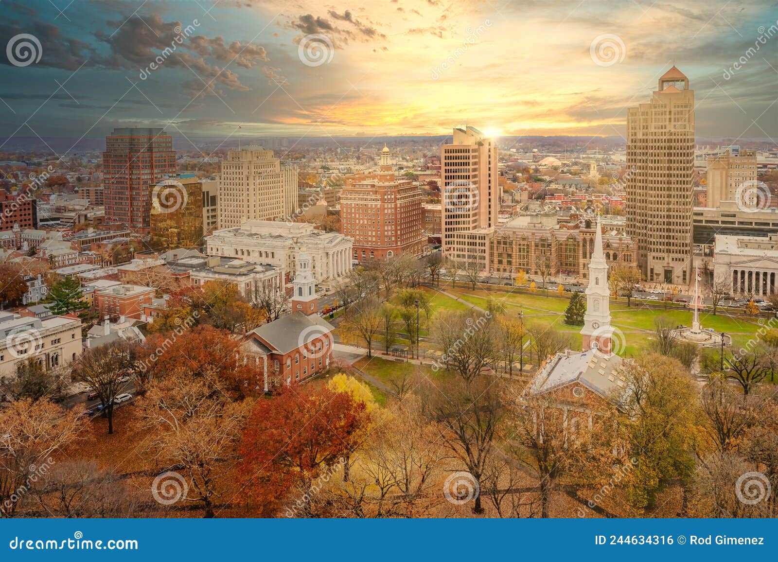 Aerial Downtown New Haven during the Fall with Sun Rays Stock Photo ...