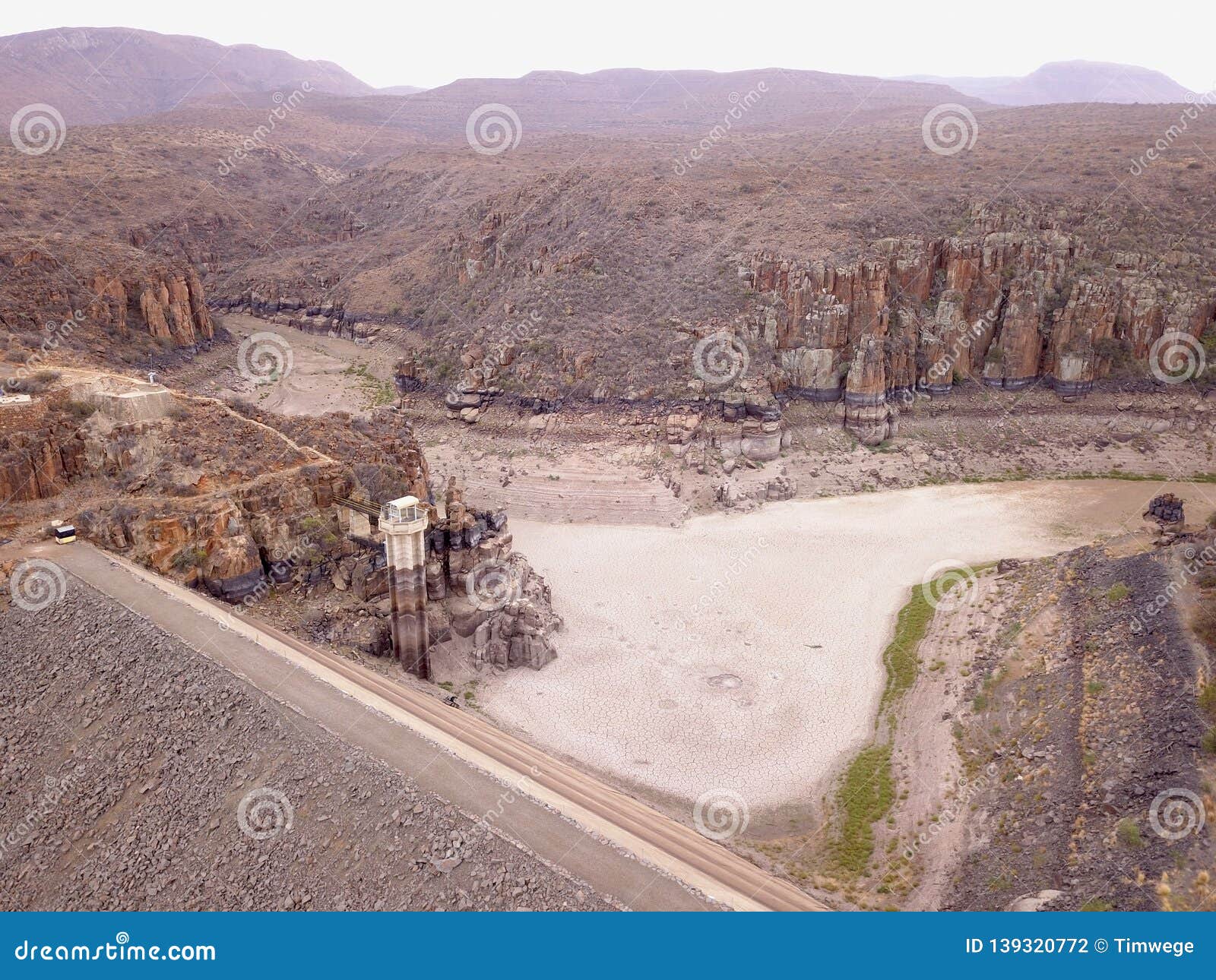 Aerial of a dried up dam stock photo. Image of drone - 139320772