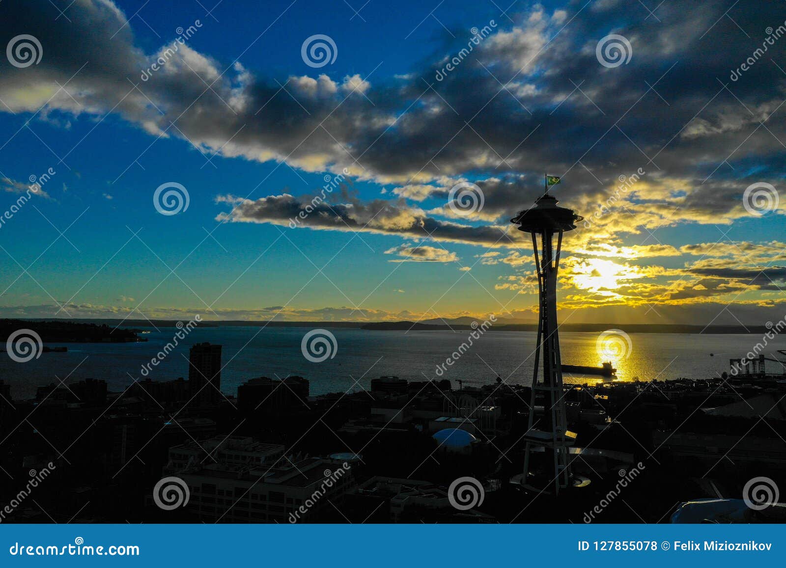 Aerial Drone Image of the Seattle Space Needle at Sunset Editorial ...