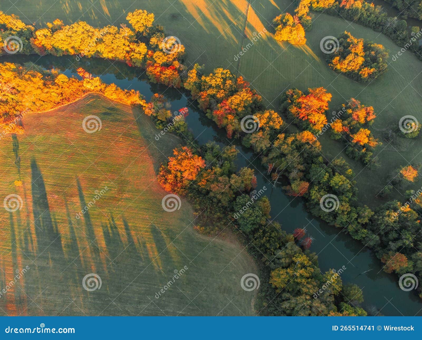 Aerial Drone Shot of a River Flowing through the Green Fields at Sunset ...
