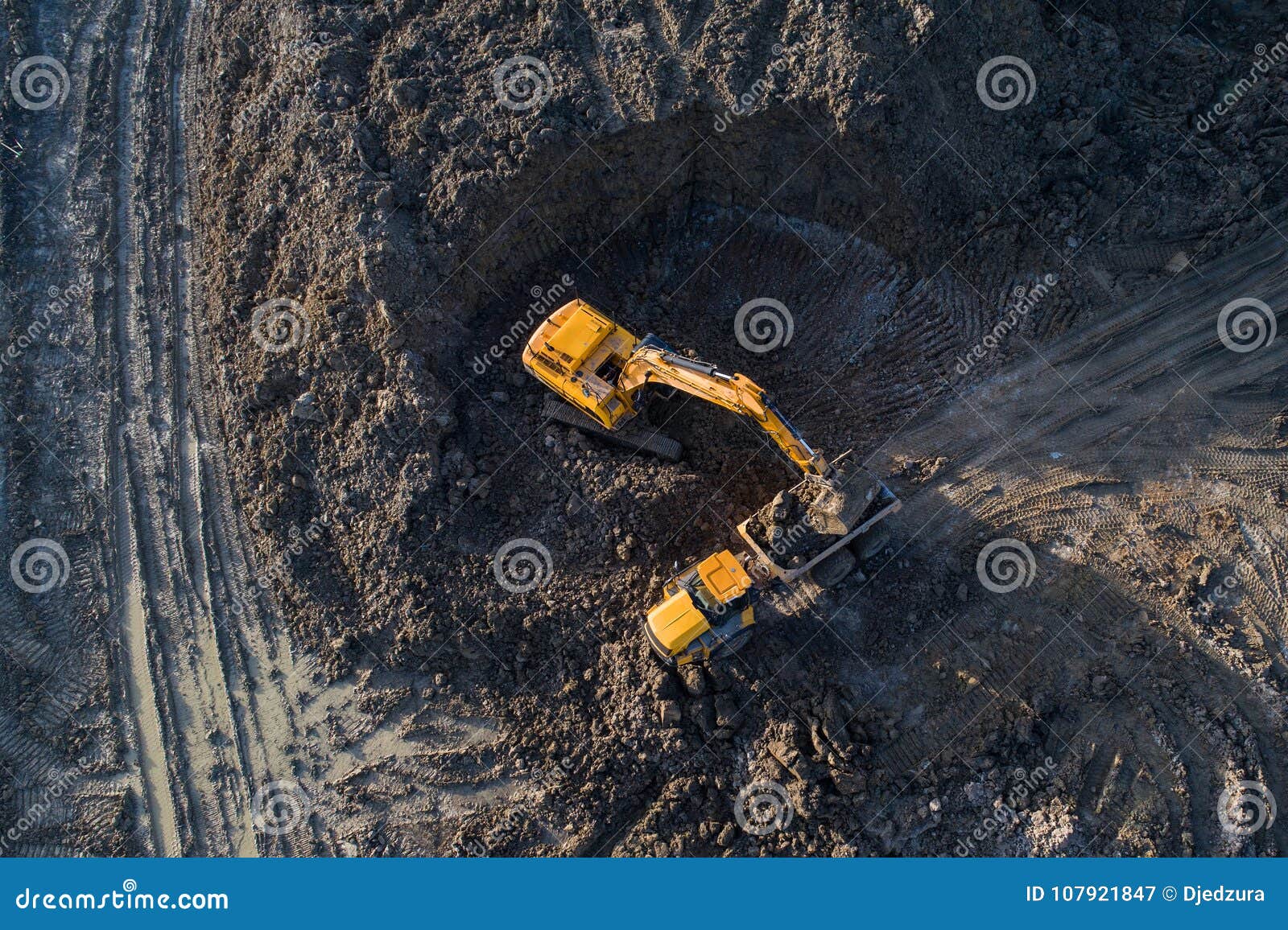 Top View Of Excavator In Open Pit. Excavator Falls Asleep Rubble In ...