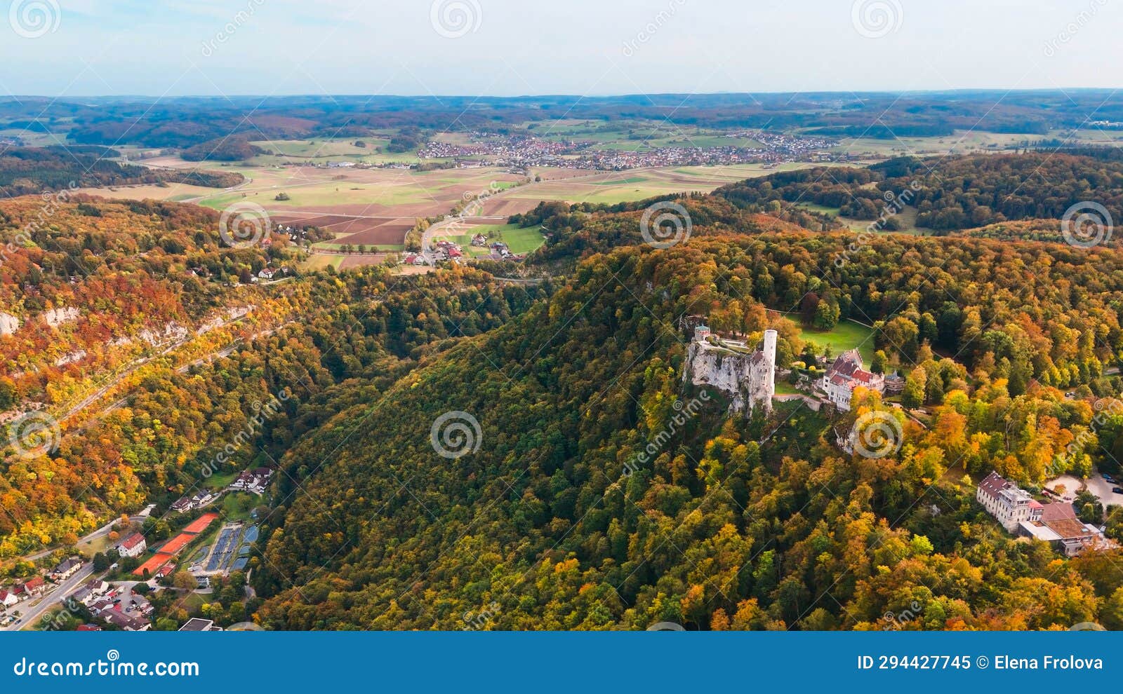 Aerial Drone View Medieval Lichtenstein Castle on Mountain, Autumn ... Aerial Drone View Medieval Lichtenstein Castle on Mountain, Autumn ...