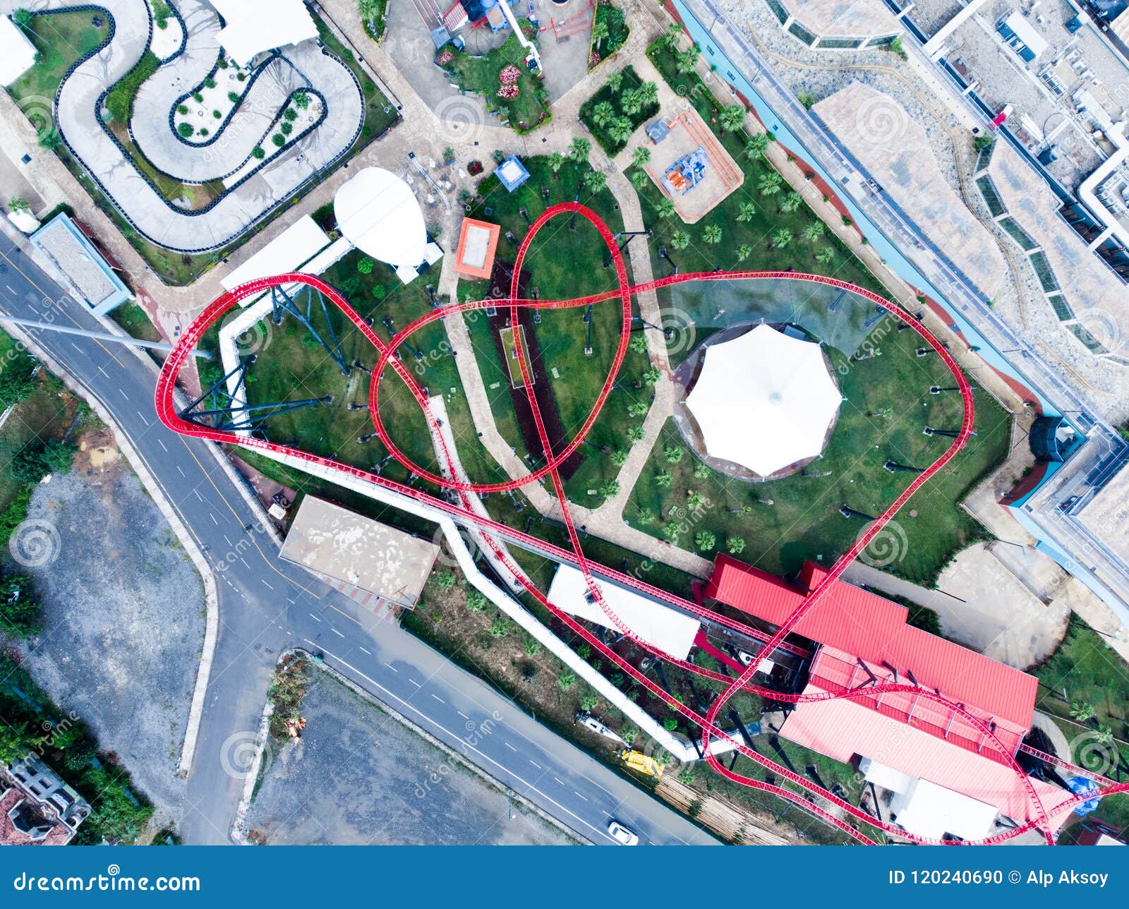 Aerial Drone View of Roller Coaster in Amusement Park. Stock Photo ...