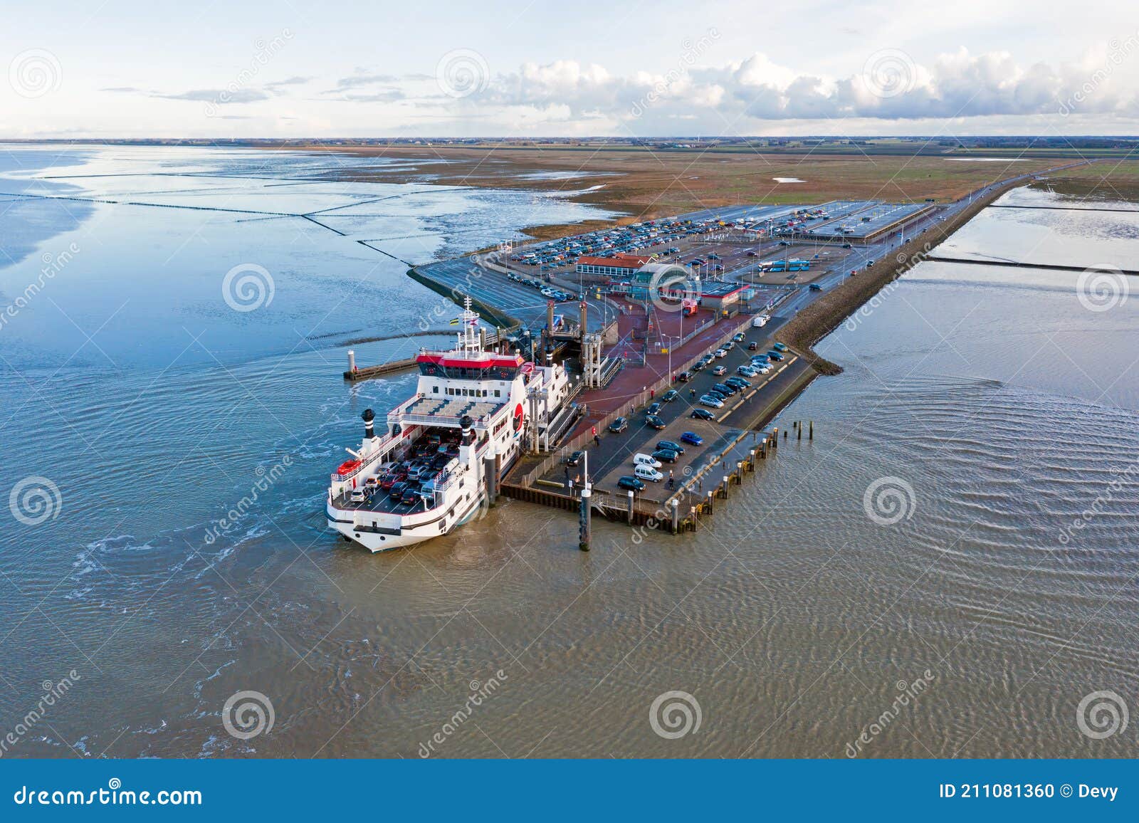 Aerial from the Ferry from Ameland Arriving at Holwerd in the ...
