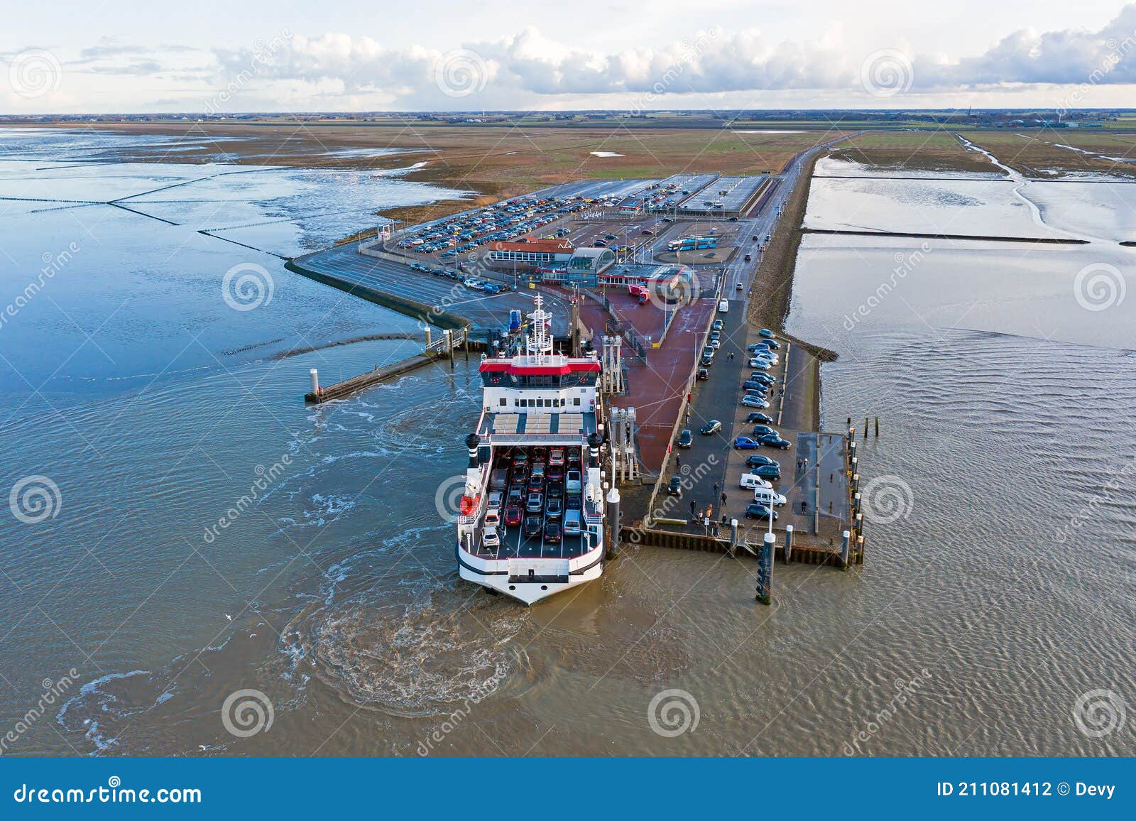 Aerial from the Ferry from Ameland Arriving at Holwerd in the ...