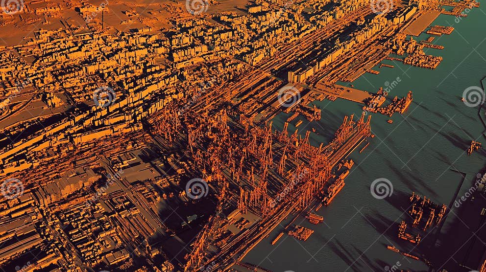 Aerial GIS Visualization of an Urban Riverfront Featuring LiDAR Data of Elevation Docks and ...