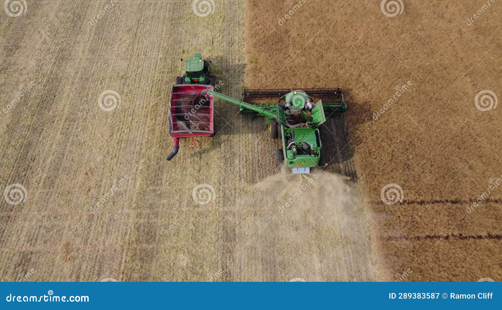 Aerial Harvester Unloading Grain into a Hopper Pulled by a Tractor on a ...