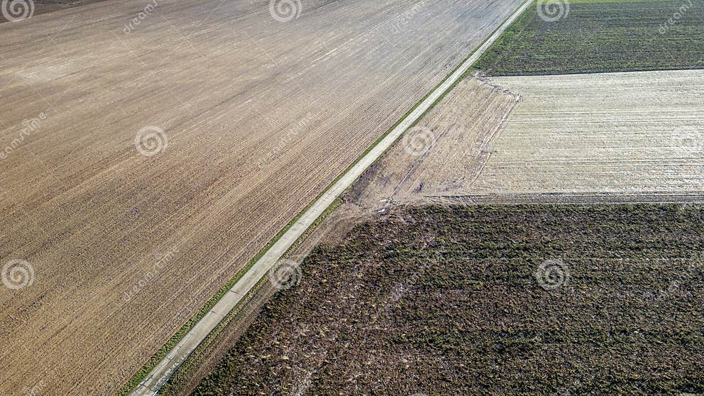 Agricultural Patchwork: Contrasting Farmland from Above Stock Photo ...