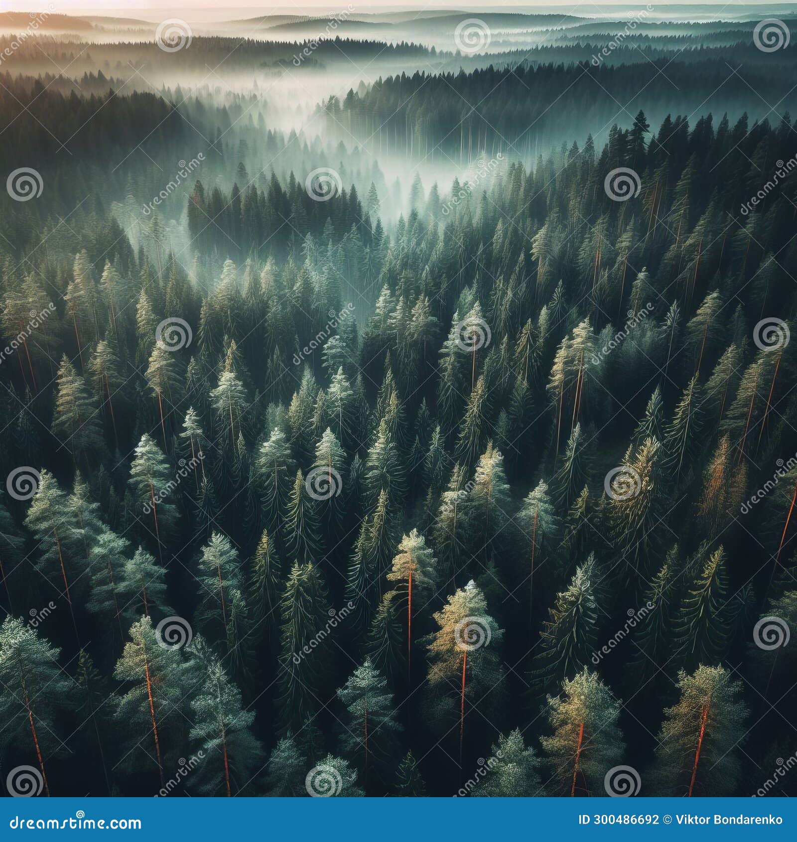 Aerial Landscape of a Beautiful Coniferous Forest in the Rays of the ...
