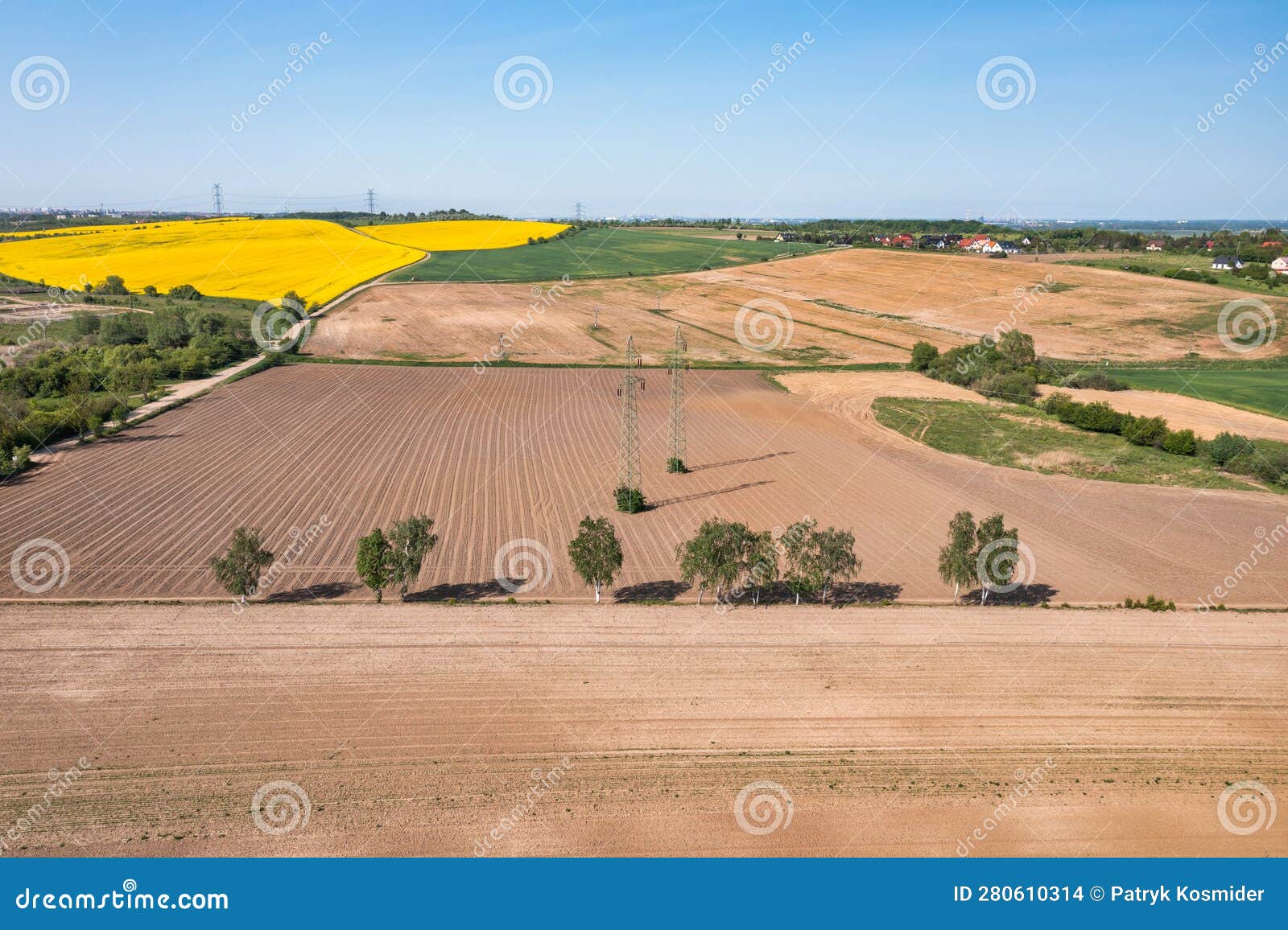 Aerial Landscape of Dry Fields Under Blue Sky, Poland Stock Photo ...
