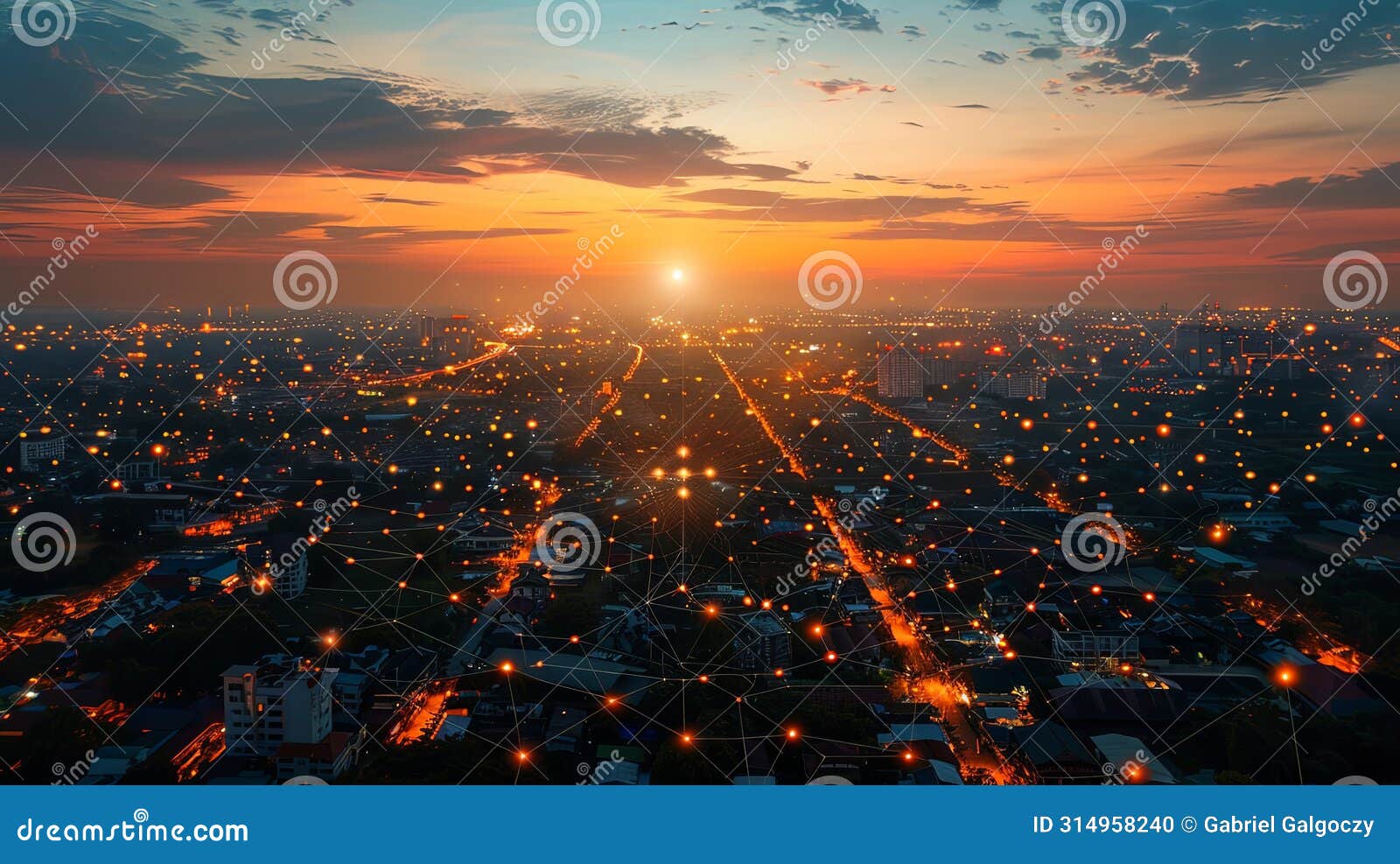 Aerial Night Scene of City Grid with Light Concept of Data Connectivity ...
