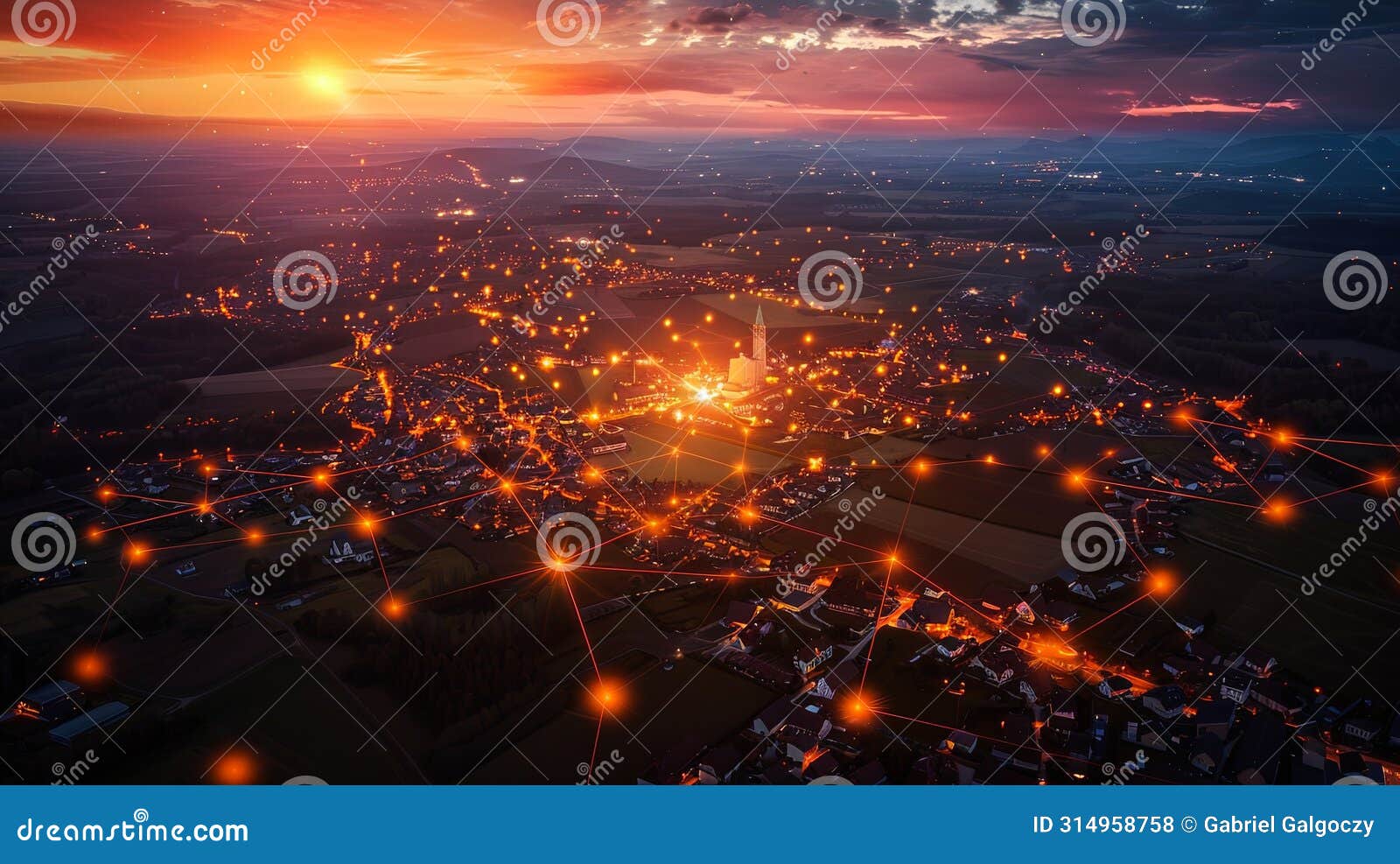 Aerial Night Scene City Infrastructure for Telecommunication with Data ...