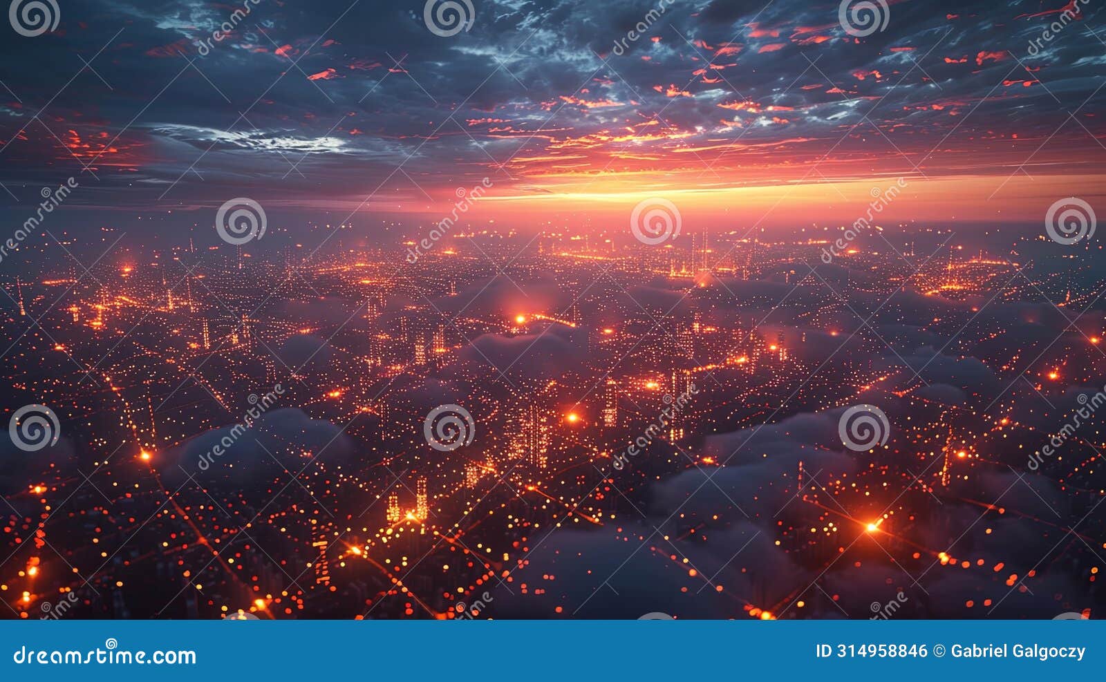 Aerial Night Scene City Infrastructure for Telecommunication with Data ...