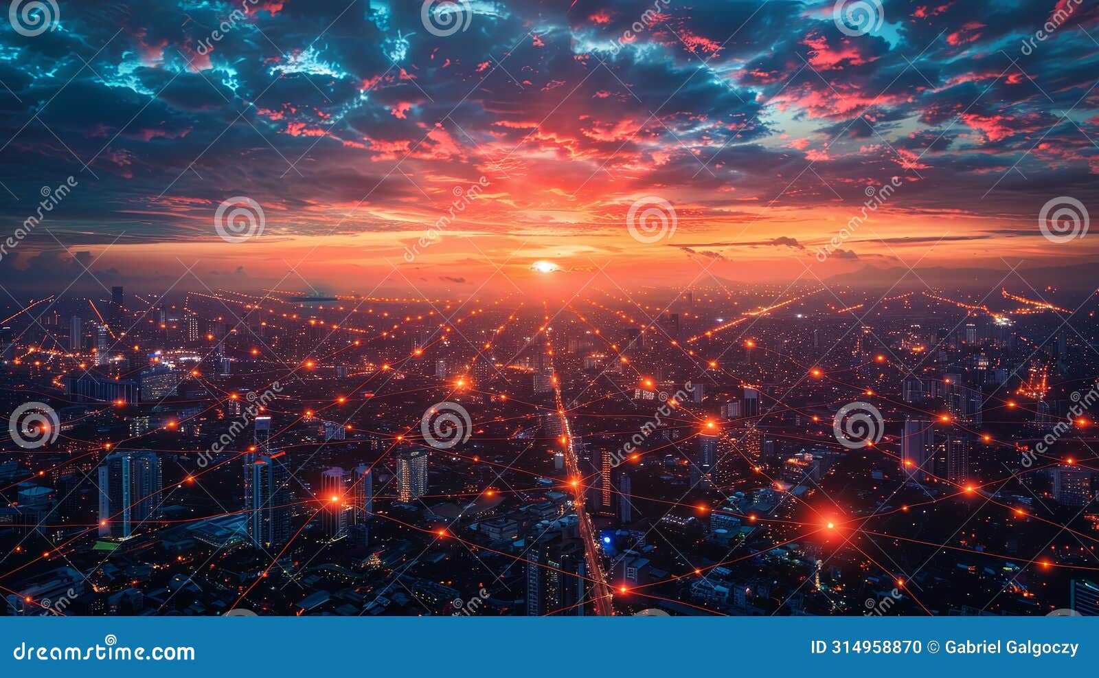 Aerial Night Scene City Infrastructure for Telecommunication with Data ...
