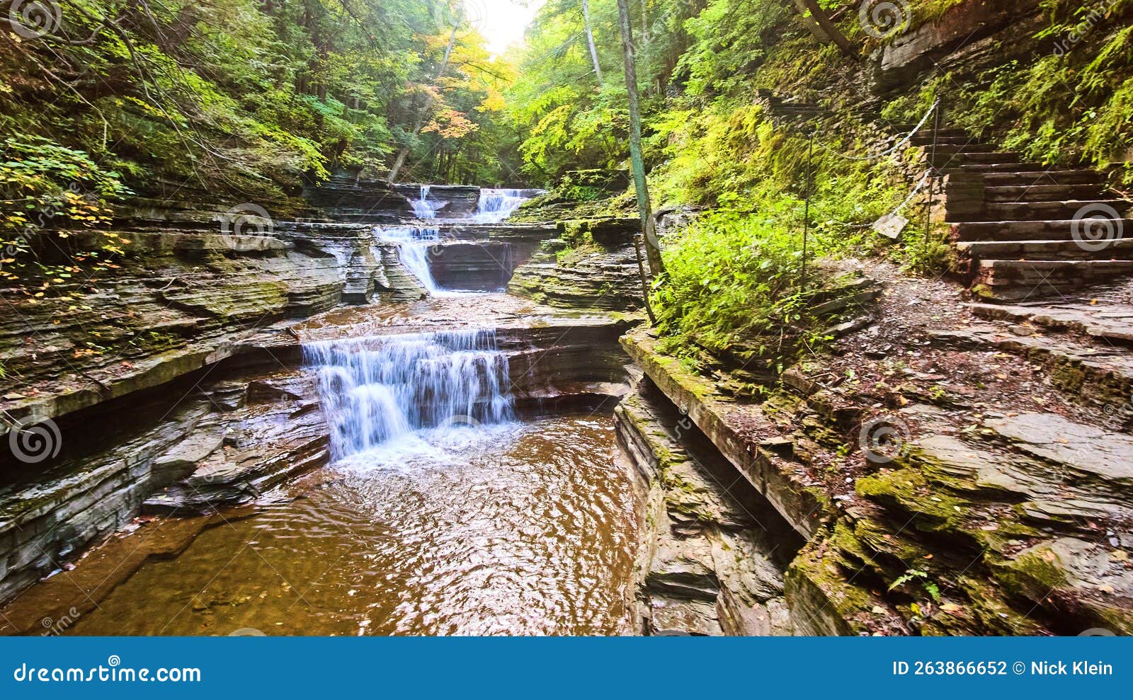 Aerial Over Gorge with Stone Staircase Path and Waterfalls Stock Photo ...
