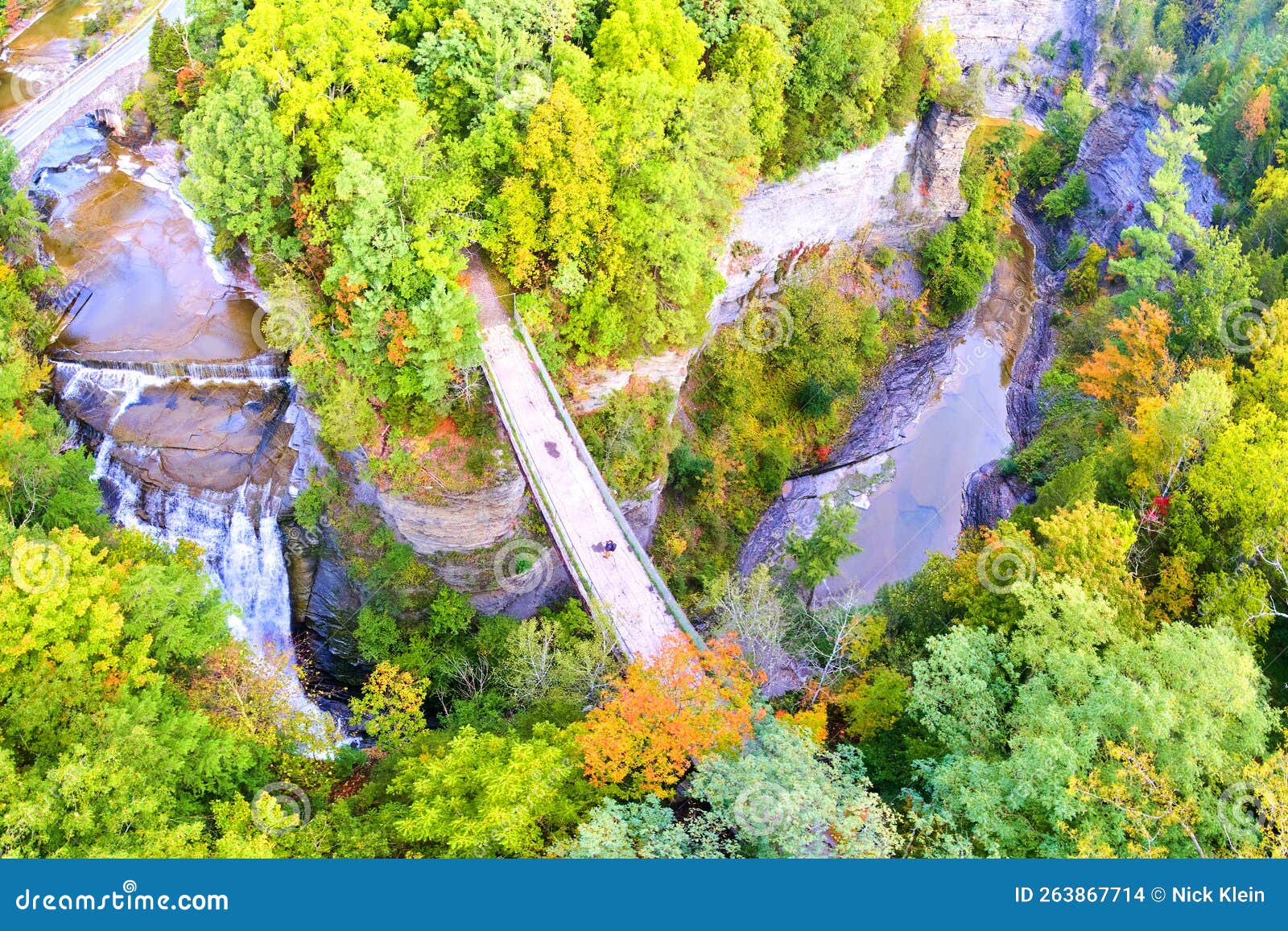Aerial Over Large Gorge with Waterfall and Bridges Crossing Over Stock ...
