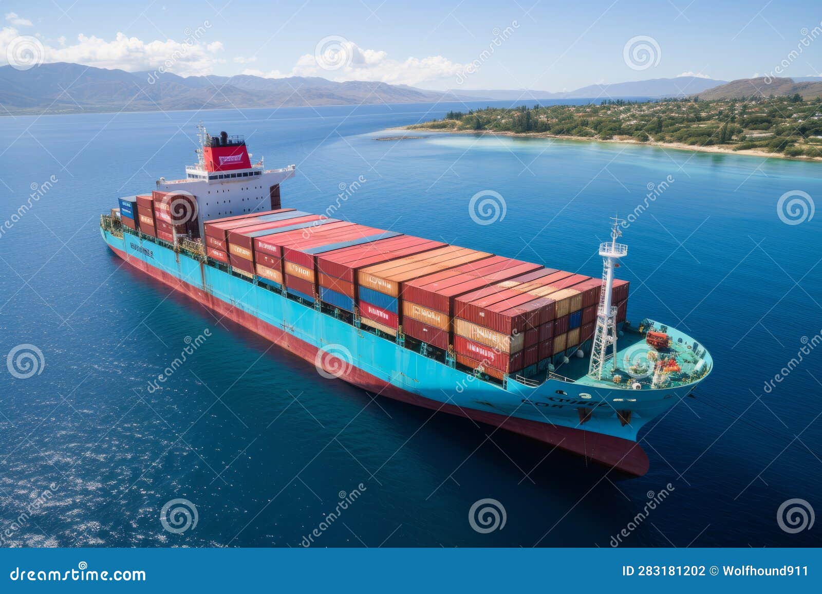 Aerial Panorama of a Cargo Ship Carrying Container on Blue Ocean. AI ...