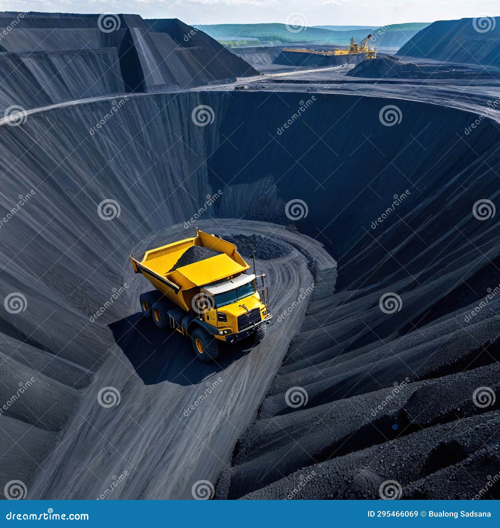 Aerial Panorama Of A Coal Big Yellow Mining Truck For A Coal Quarry In An Open Pit Anthracite